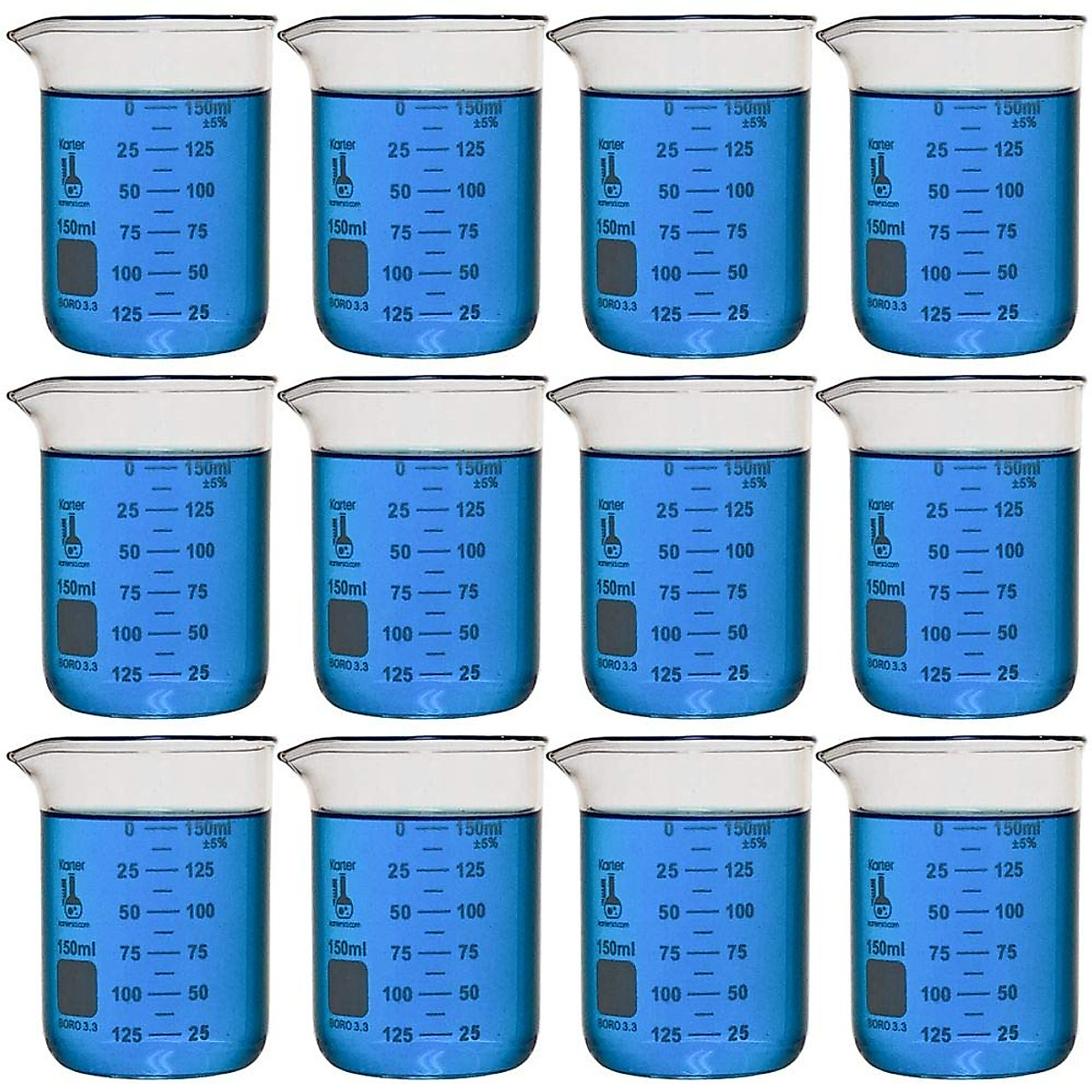 150ml Beaker, Low Form Griffin, Borosilicate 3.3 Glass, Double Scale, Graduated, Karter Scientific 232P2, (Pack of 12)