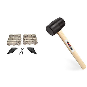 EasyFlex No-Dig Landscape Edging with Anchoring Spikes, 2.7 in Tall Decorative Stone-Look Garden Border, 15 Foot Kit, Brown & YIYITOOLS YY-2-005 Rubber Mallet Hammer with Wood Handle–8-oz, Black