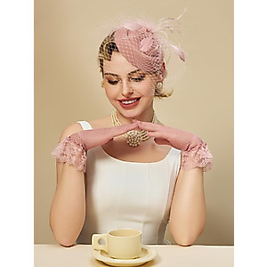 SWEETV Fascinators Pillbox Hats for Women, Tea Party Hat and Short Lace Gloves Set for Kentucky Derby, Cocktail, Wedding, Fancy Dress Party, Dusty Pink