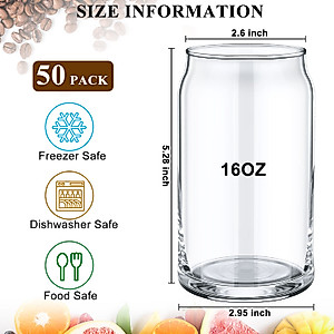 50 Pack Drinking Glasses 16oz Can Shaped Glass Cups Beer Glasses Tumbler Cup Can Shaped Glass Tumbler Iced Coffee Glasses Ideal for Cocktail, Whiskey, Wine, Soda, Clear Water