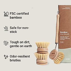 Vove | Bamboo Dish Brush | Long Lasting Brush with 3 Replacement Heads | Natural Bristle | Eco-Friendly | Wooden Dish Brush for Washing and Cleaning Pot Pan Dish Bowl |