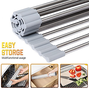 SunCleanse Roll-up Dish Drying Rack with Silicone Grid, Multipurpose Dry Rack Dish Drainer, Stainless Steel Foldable Dish Drying Rack for Sink Counter, Mini Grey 17.8"x11.8"