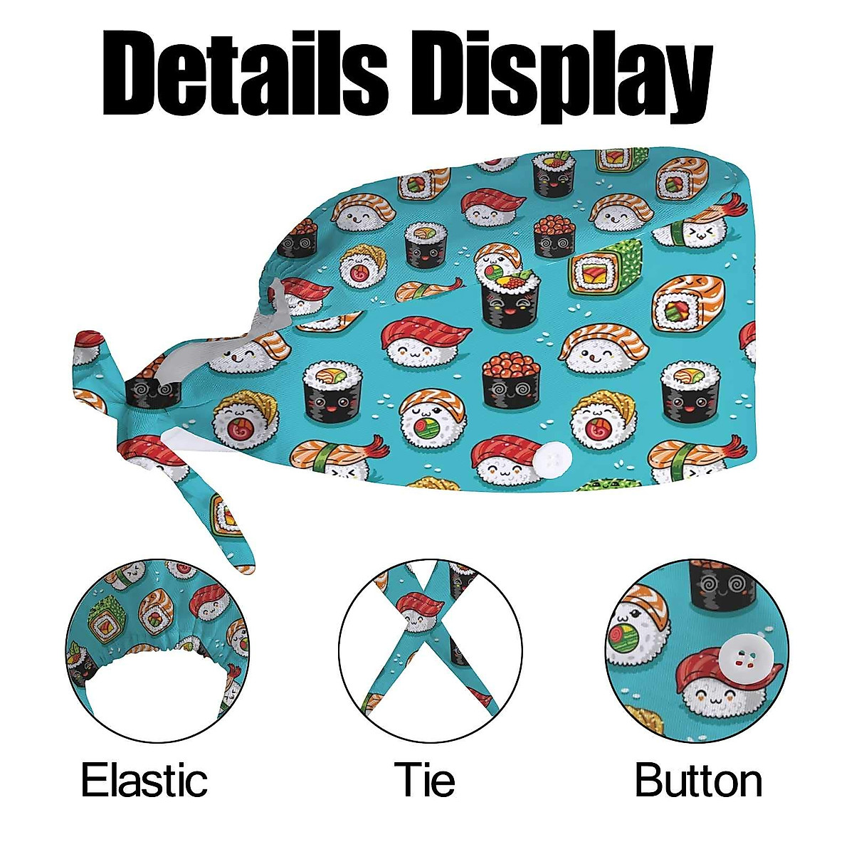 Working Cap with Button and Sweatband, Cute Sushi Cartoon, Adjustable Tie Back Head Skull Hat for Women Men