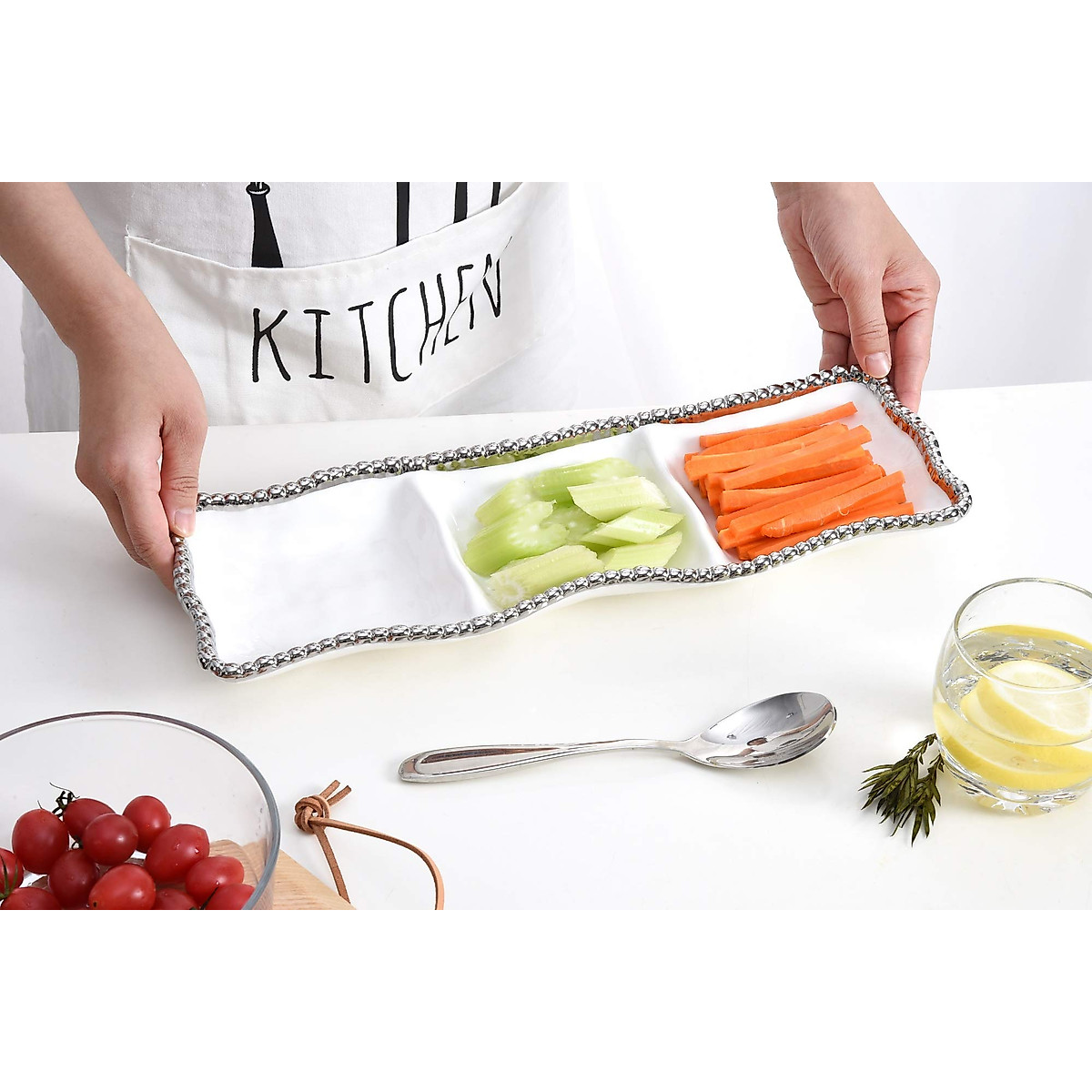 3-Section Serving Piece Porcelain with Silver Trim