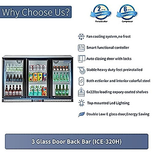 ICECASA Beverage Refrigerators 3 Glass Door Back Bar Refrigerator Commericial Counter Height Refrigerator LED Lighting Merchandiser 11.7Cu.ft for Soda Beer