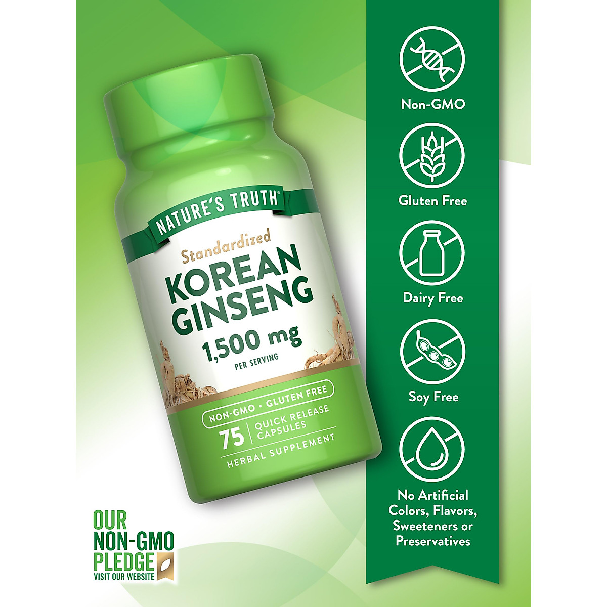 Nature's Truth Korean Ginseng Capsules | 75 Count | Standardized Extract from Ginseng Root | Non-GMO, Gluten Free Supplement