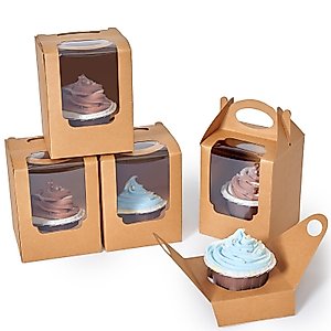 Shallive Cupcake Boxes 50pcs, Individual Cupcake Containers Brown with Window Insert and Handle, Pastry Box Single Muffins Holder Disposable for Bakery Wrapping Party Favor Packaging