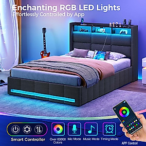 Rolanstar Bed Frame Twin Size with Lift Up Storage, Charging Station & LED Lights, Upholstered Storage Headboard, Heavy Duty Wooden Slats, No Box Spring Needed, Noise Free, Easy Assembly, Dark Grey