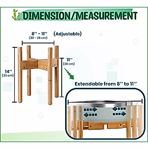 Dog Bowl Stand for Large Dogs - Height 14-inch, Adjustable, Lockable Width 8-11inches Wide - Food and Water Feeder Holder - Bamboo