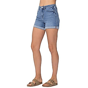 Judy Blue Women's High Rise Open Seam Cuffed Shorts (Medium, Light Blue) 26 Regular