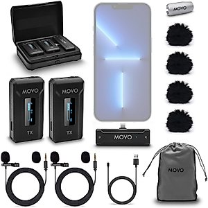Movo WMX-2-L-DUO Wireless Microphone for iPhone with Charging Case, Lightning Connector, 328ft Range, 7hr Battery Life
