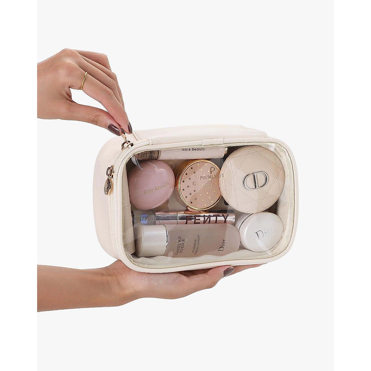 Pocmimut Makeup Bag,PU Leather Clear Makeup Bag Travel Makeup Bag Car Essentials for Women,Travel Essentials Cosmetic Bag Organizers(Beige)