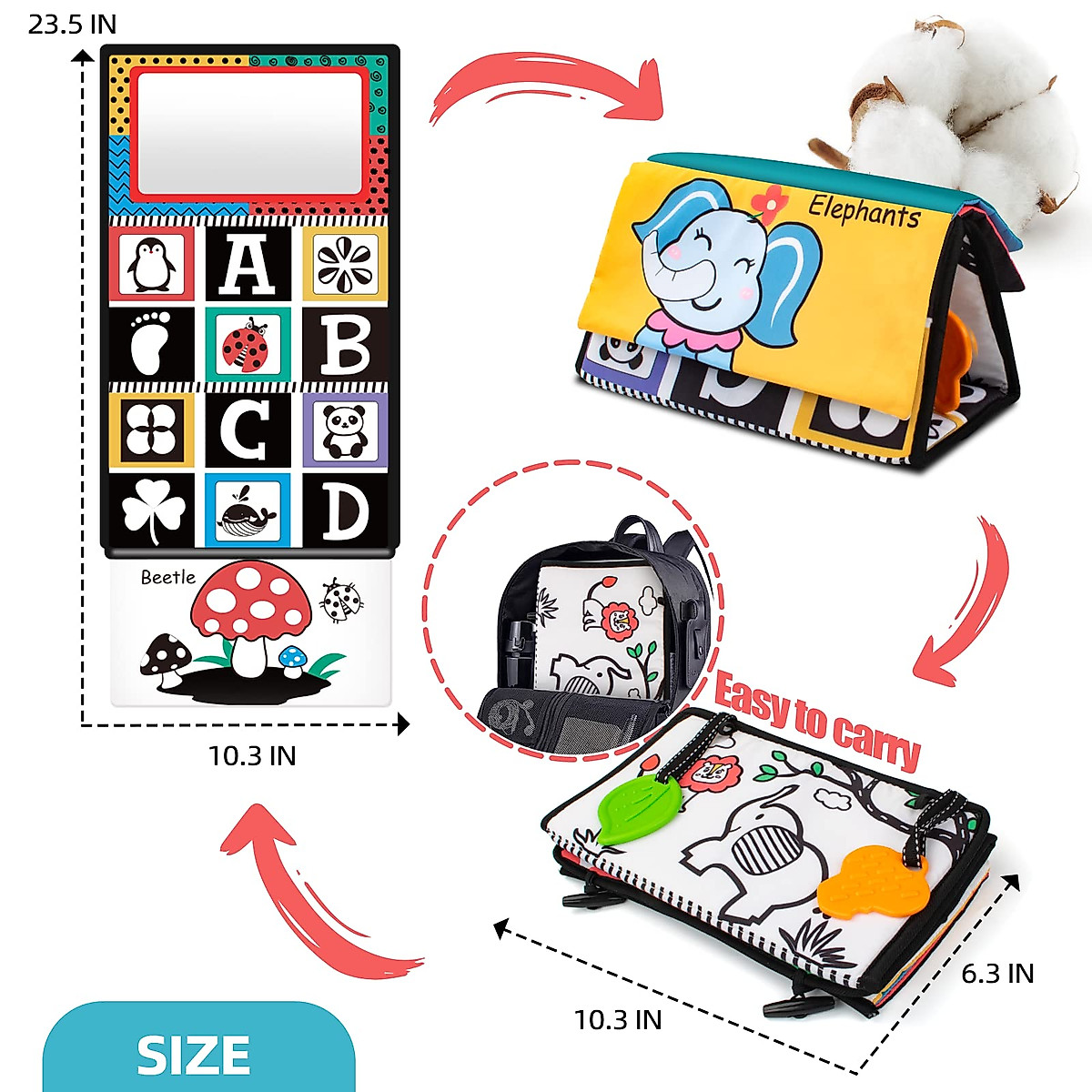 UNIH Tummy Time Floor Mirror Baby Toys with Teethers & Cloth Books - High Contrast Black & White Sensory Toy for Newborn Infant Babies Toys 0 3 6 Months