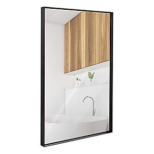 Hamilton Hills Contemporary Brushed Metal Wall Mirror | Glass Panel Black Framed Squared Corner Deep Set Design | Mirrored Rectangle Hangs Horizontal or Vertical (24" x 36")