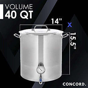 CONCORD Stainless Steel Home Brew Kettle Stock Pot (Weldless Fittings) (40 QT/ 10 Gal)
