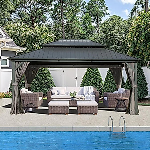 Domi 10’ X 14’ Hardtop Gazebo Canopy with Netting & Curtains, Outdoor Aluminum Gazebo with Galvanized Steel Double Roof for Patio Lawn and Garden, Gray