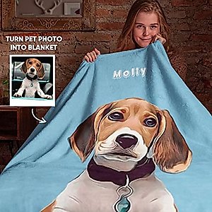 VEELU Personalized Dog Portrait Throw Blanket - Custom Blanket with Photo Text Name, Customized Flannel Fleece Blanket Picture Gift for Cat Pet Women Men Family Birthday