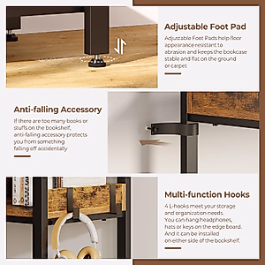 Rolanstar Bookshelf 5 Tier with 4 Hooks, Reversible Corner Bookshelf, 65" Industrial Wooden Bookcase with Open Shelves and Metal Frame for Living Room, Bedroom, Home Office, Rustic Brown