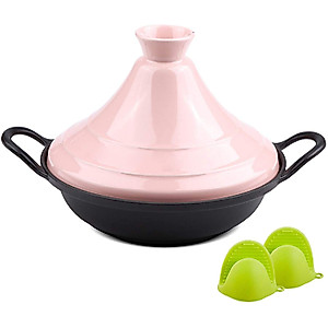 JINXIU Casserole Moroccan Cooking Tagine Pot, Enameled Cast Iron Tagine with Silicone Gloves, Tajine for Different Cooking Styles, Non-Stick Pot (27 cm),Red (Color : Pink)