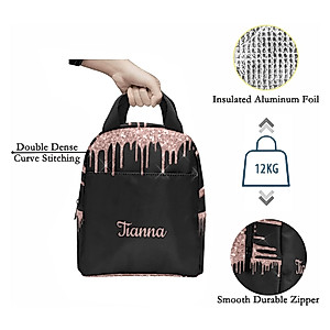 Rose Gold Drips Reusable Insulated Neoprene Lunch Tote Bag Cooler with 2 Pockets Custom Personalized Portable Lunchbox Handbag with Name for Gift