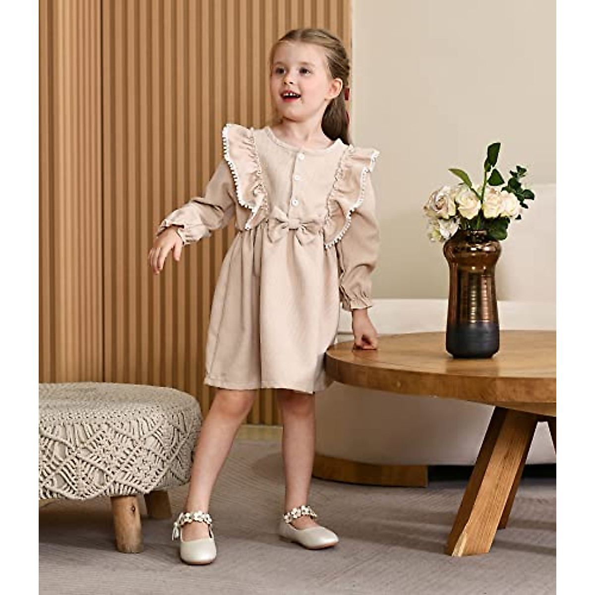 BOBORA Toddler Girl Fall Dress Kid Solid Corduroy Ruffle Long Sleeve Princess Dress Winter Outfit Little Girl Casual Clothes(Beige, 12-18M)