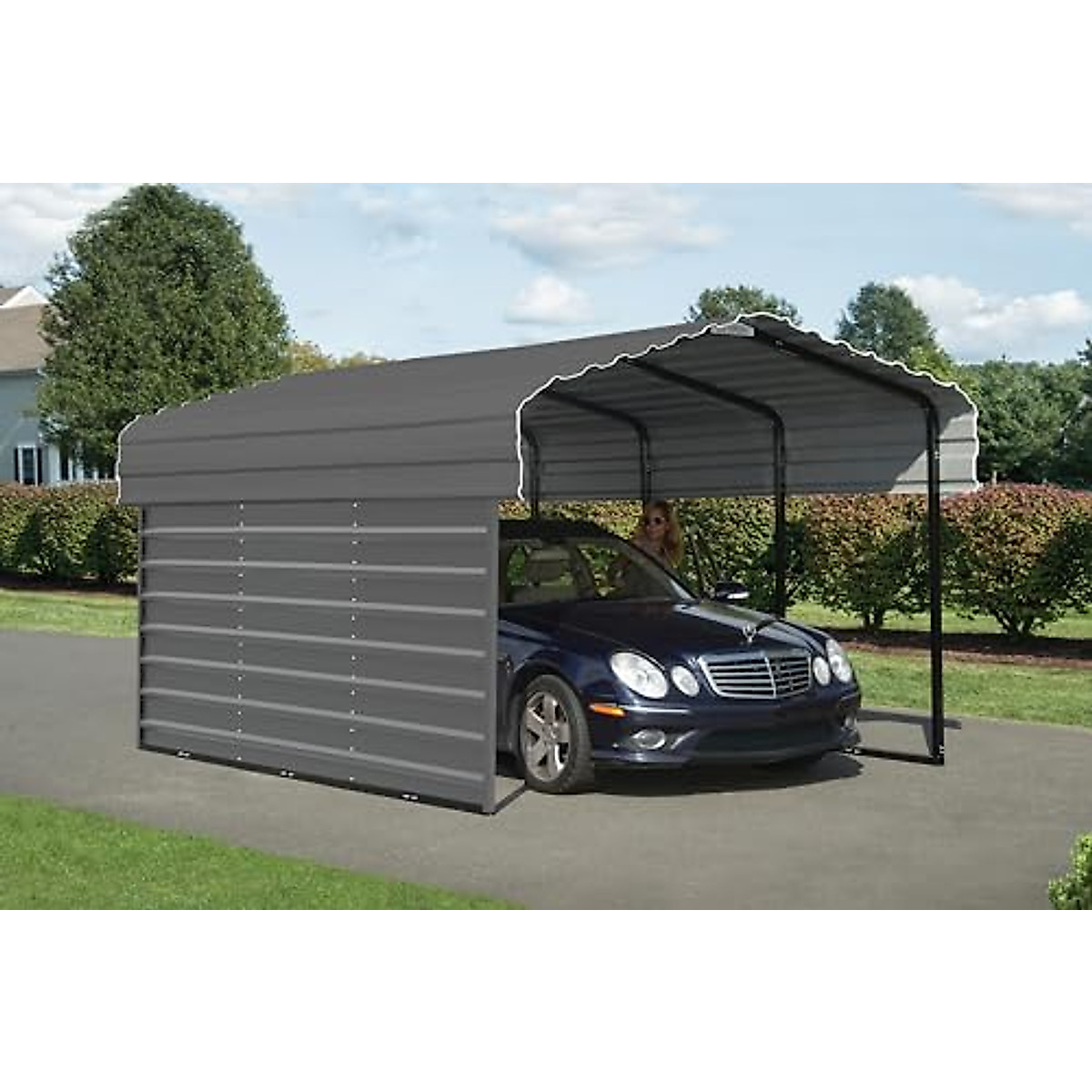 Arrow Carports Galvanized Steel Carport, with 1-Sided Enclosure, Compact Car Metal Carport Kit, 10' x 15' x 7', Charcoal