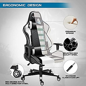 Polar Aurora Gaming Chair Racing Style High-Back PU Leather Office Chair Computer Desk Chair Executive Ergonomic Swivel Chair Headrest Lumbar Support (white1)