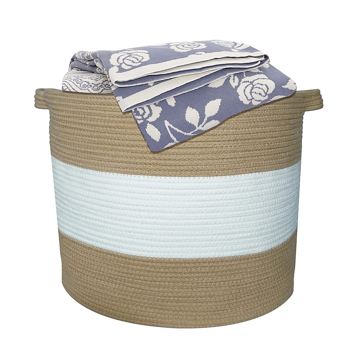 QDSTCKJ Extra Large Blanket Basket Living Room, Brown-white Laundry Basket,16”x 20.3”,Large Cotton Rope Basket for Storage