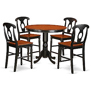 East West Furniture TRKE5-BLK-W 5 Piece Kitchen Counter Height Dining Table Set Includes a Round Dining Room Table and 4 Wooden Seat Chairs, 42x42 Inch, Black & Cherry