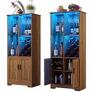 Kasibie Wine Cabinet, Wine Bar Cabinet with LED Lights, Liquor Cabinet with Glass Holder Wine Rack, Farmhouse Modern Liquor Cabinet with Storage for Home (Brown)