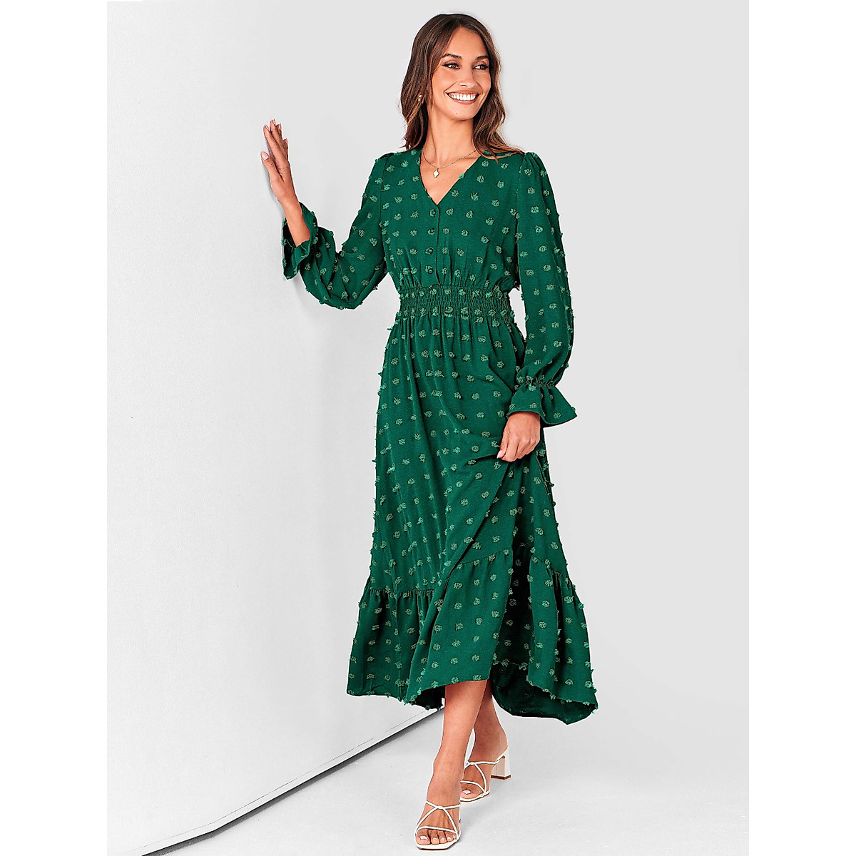 MASCOMODA Women Boho Maxi Dress 2024 Long Sleeve V Neck Swiss Dot Smocked High Waisted A-Line Ruffle Tiered Long Dress(X-Large, Dark Green)