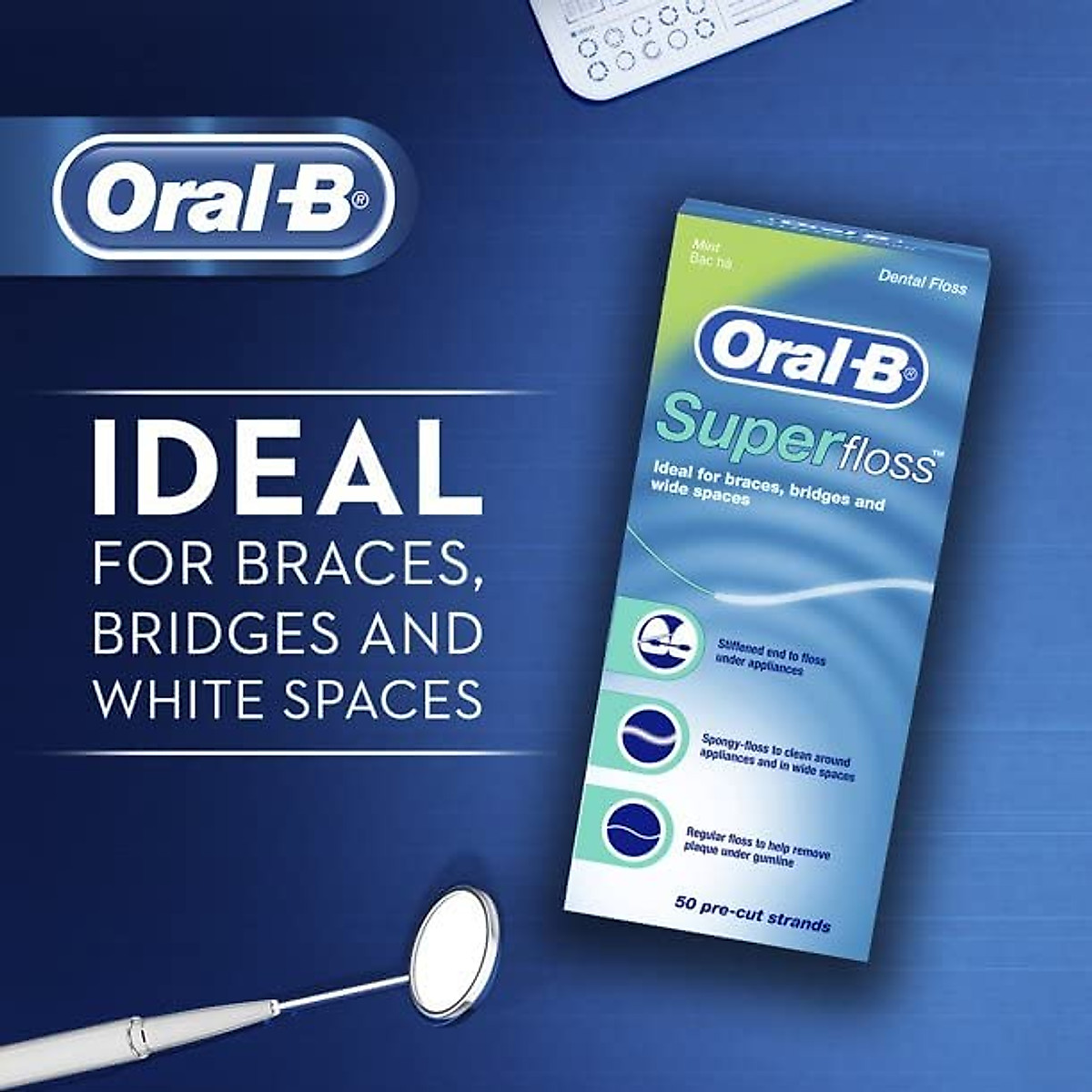 Oral-B Super Floss Mint Dental Floss for Braces Bridges - 50 Strips (2-Pack)