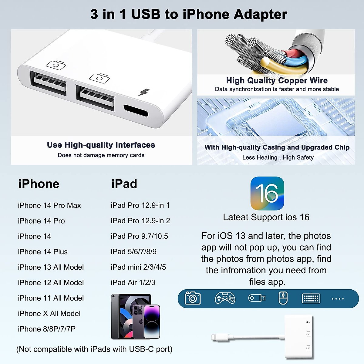 AMLLEN iPad to USB Adapter, USB for iPad, iPhone to USB Adapter Compatible iPhone/iPad,Plug N Play,Compatible with USB Flash Drive.Support iOS 16.