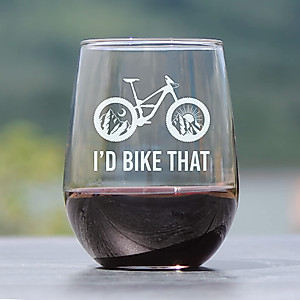 I'd Bike That - Stemless Wine Glass - Bicycle Themed Decor and Gifts for Mountain Bikers - Large 17 Oz Glasses