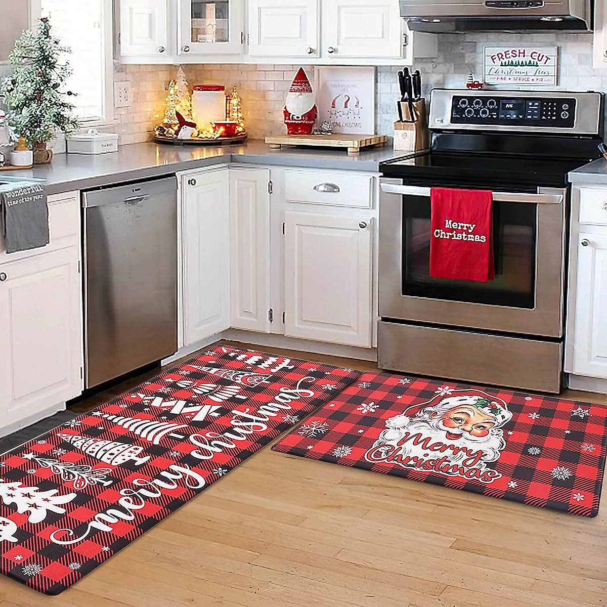 INFISIBLE Christmas Anti Fatigue Kitchen Rugs and Mats Set of 2, Red and Black Buffalo Plaid Kitchen Floor Mats Cushioned Non Slip Washable, Christmas Tree Kitchen Mat Santa Claus Xmas Decor