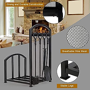 HAPPYGRILL Firewood Log Rack Indoor Outdoor Fireplace Storage Holder with 4 Tools Set