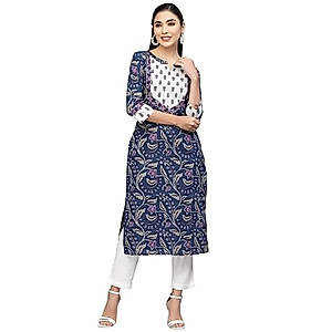 Indian Women's Girls Tunic Tops Crepe Floral Print Straight Kurti Kurta (as1, alpha, x_l, regular, regular) Blue
