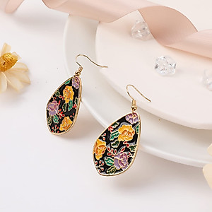 Bohemian Drop Flower Earrings for Women Colorful Floral Pattern Epoxy Resin Tie Dye Lightweight Elegant Vintage Teardrop Dangle Earrings Boho Statement Earrings Jewelry Gift for Her, Black