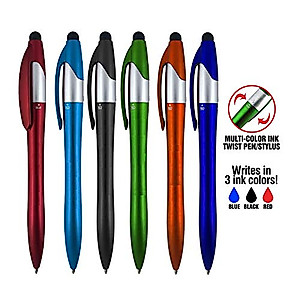 SyPen 3 Color ink Ball Pens and Stylus for Universal Touch screen Devices, Each pen writes in 3-Colors Ink(Black,Red,Blue) Pen Barrel colors,Red,Green, Blue, Orange,Lt. Blue and Black (12 Pack)