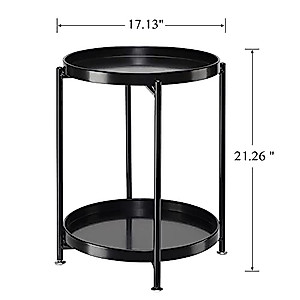 danpinera 2-Tier Round Side Table, Metal End Table with Removable Tray, Small Outdoor Table Folding Accent Table, Anti-Rust Black Nightstand for Bedroom Balcony Patio (Black)