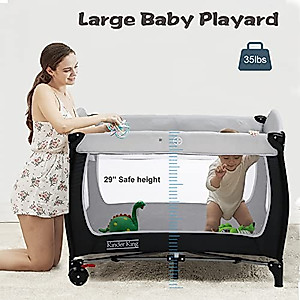 Kinder King 4 in 1 Portable Pack n Play, Baby Nursery Center Playard w/Bassinet, Large Playpen for Infant and Toddler, Newborn Changing Table, Adjustable Canopy, Storage Basket, Travel Bag, Black