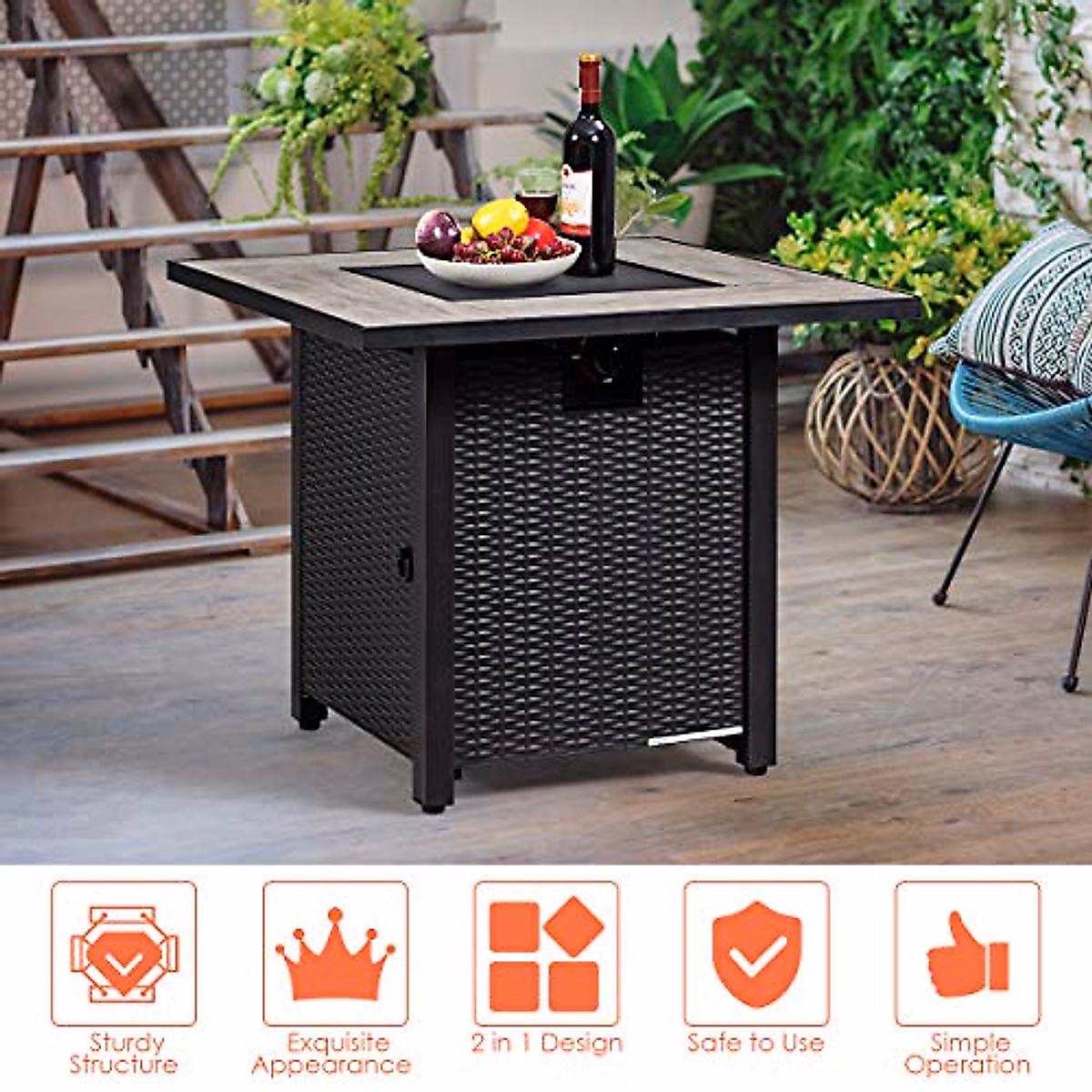 Giantex Propane Fire Pit Table, 30 inch 50,000 BTU Square Gas Firepits w/ Ceramic Tabletop, Emboss Gas Heater w/ Lava Rock, Waterproof Cover, ETL and CSA Certification for Outside(Black & Gray)
