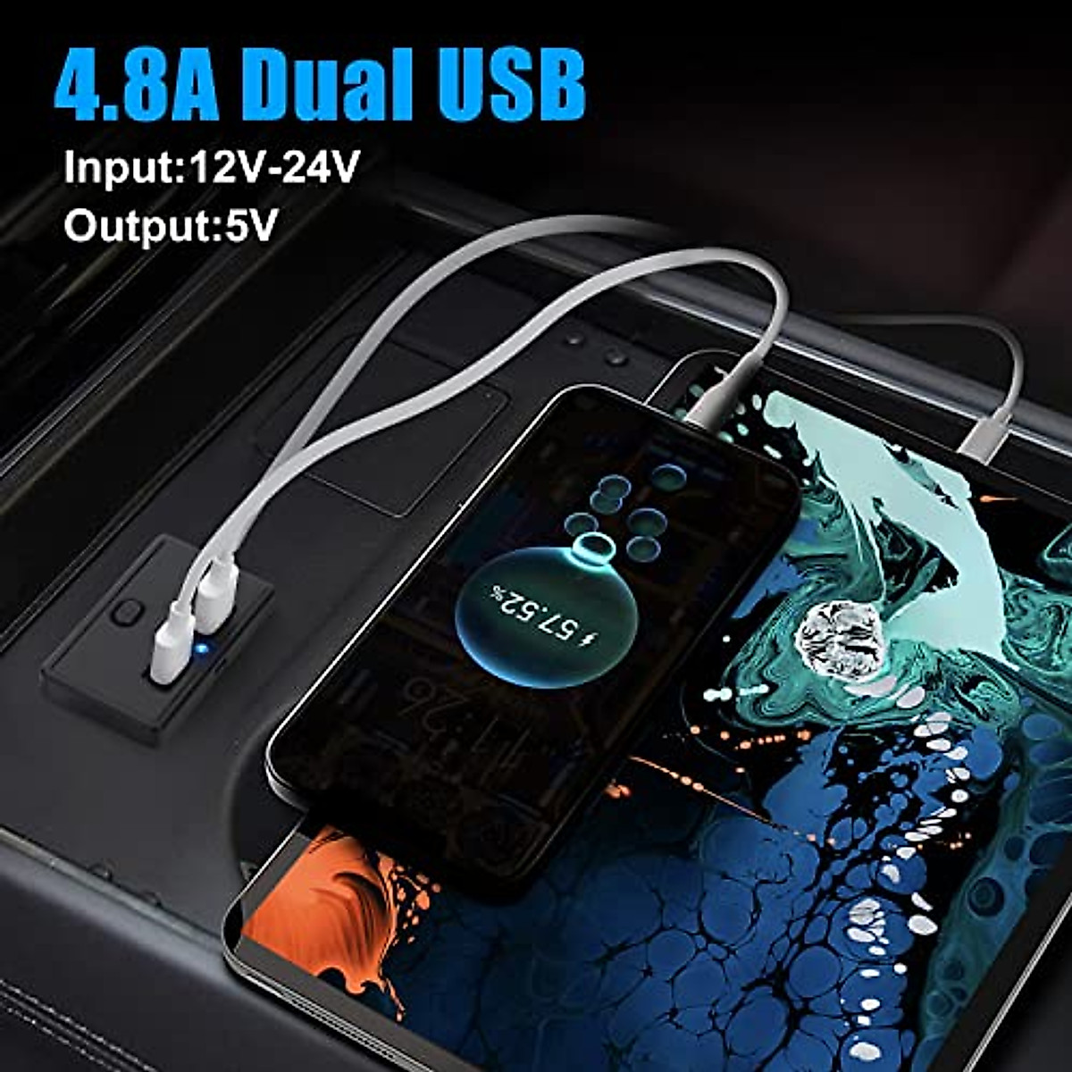12V USB Outlet, Dual USB Charger Socket, 4.8A USB Car Charger Socket Power Outlet, Waterproof Surface Mount Car Outlet with Power Switch Button, for Marine Boat Motorcycle Truck Golf Cart RV