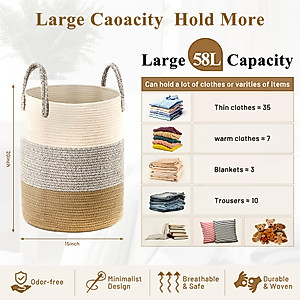 Jolitac 58L Large Woven Laundry Hamper, Laundry Basket with laundry Bag Blanket Basket Tall Wicker Laundry Baskets for Clothes Pillows Towels Shoes in Living room Bedroom, 15" x 20"