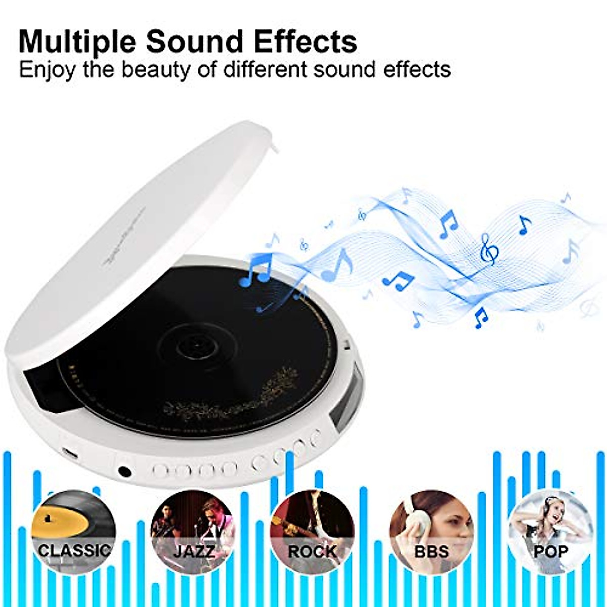 ByronStatics Portable CD Player, Personal Compact Disc Player with Anti-Skip/Anti-Shock, Headphone Jack & Large LCD Display for Car Use and Home Travel, not Rechargeable, Use AA Batteries White