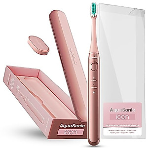 Aquasonic Icon ADA-Accepted Rechargeable Toothbrush | Magnetic Holder & Slim Travel Case | 2 Brushing Modes & Smart Timers | Modern & Convenient (Blush)