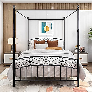 USIIN Queen Size Metal Canopy Bed Frame with Headboard and Footboard Black