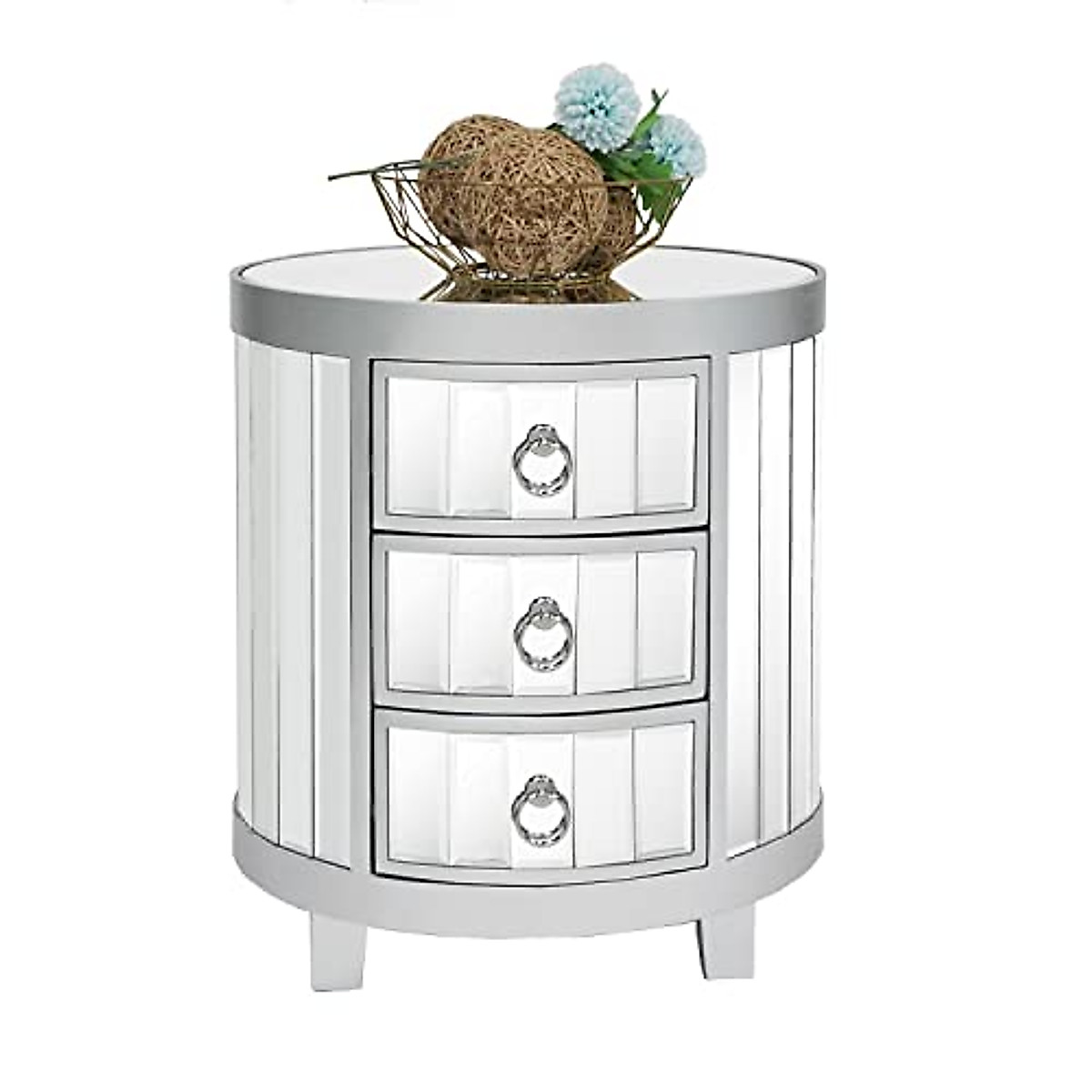 FFNUM Bedside Table Round Bedside Table 3 Drawer Mirror Bedroom Living Room Storage Cabinet Side Cabinet Furniture Mirror Cabinet Night Stand
