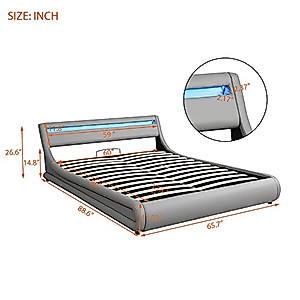 Tensun Queen Size Upholstered Faux Leather Platform Bed with a Hydraulic Storage System, with LED Light Headboard, Bed Frame with Slatted, Easy Assembly, No Box Spring Needed, for Adult, Kids,Grey