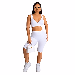 Plilima Casual Workout Sets Two Piece Outfits for Women Ribbed Crop Tank Top High Waist Leggings Yoga Outfits Short Sets XL